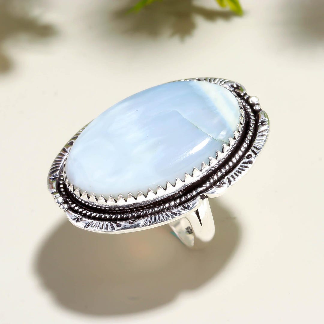 Vintage-inspired Blue Lace Agate Statement Ring | Hand-engraved 925 ...