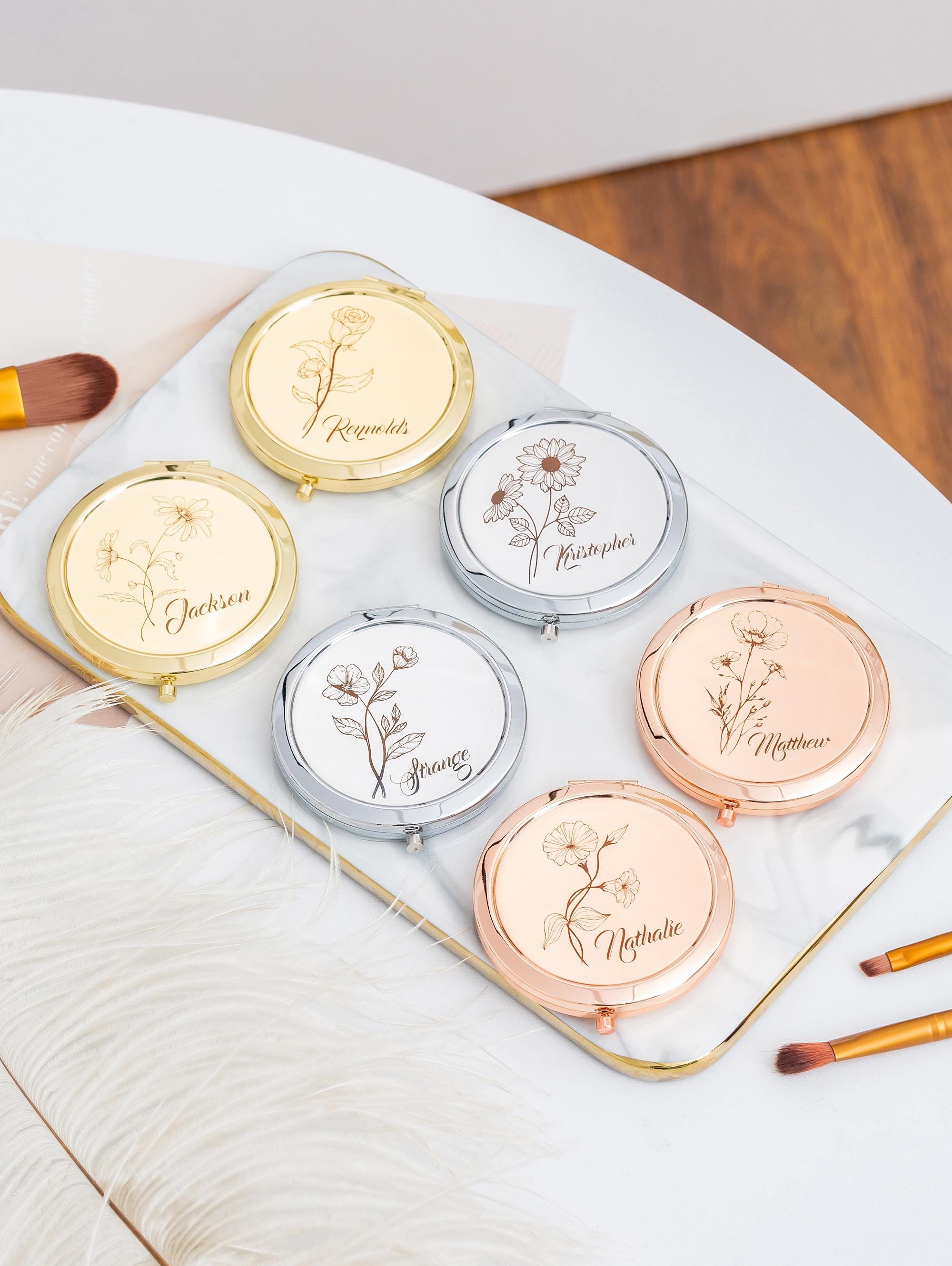 Personalized Compact Mirror, Engraved Birth Flower Pocket Makeup Mirror ...