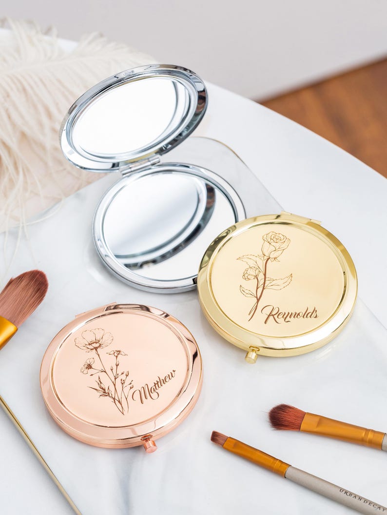 Personalized Compact Mirror,custom Engraved Birth Flower Pocket Makeup ...