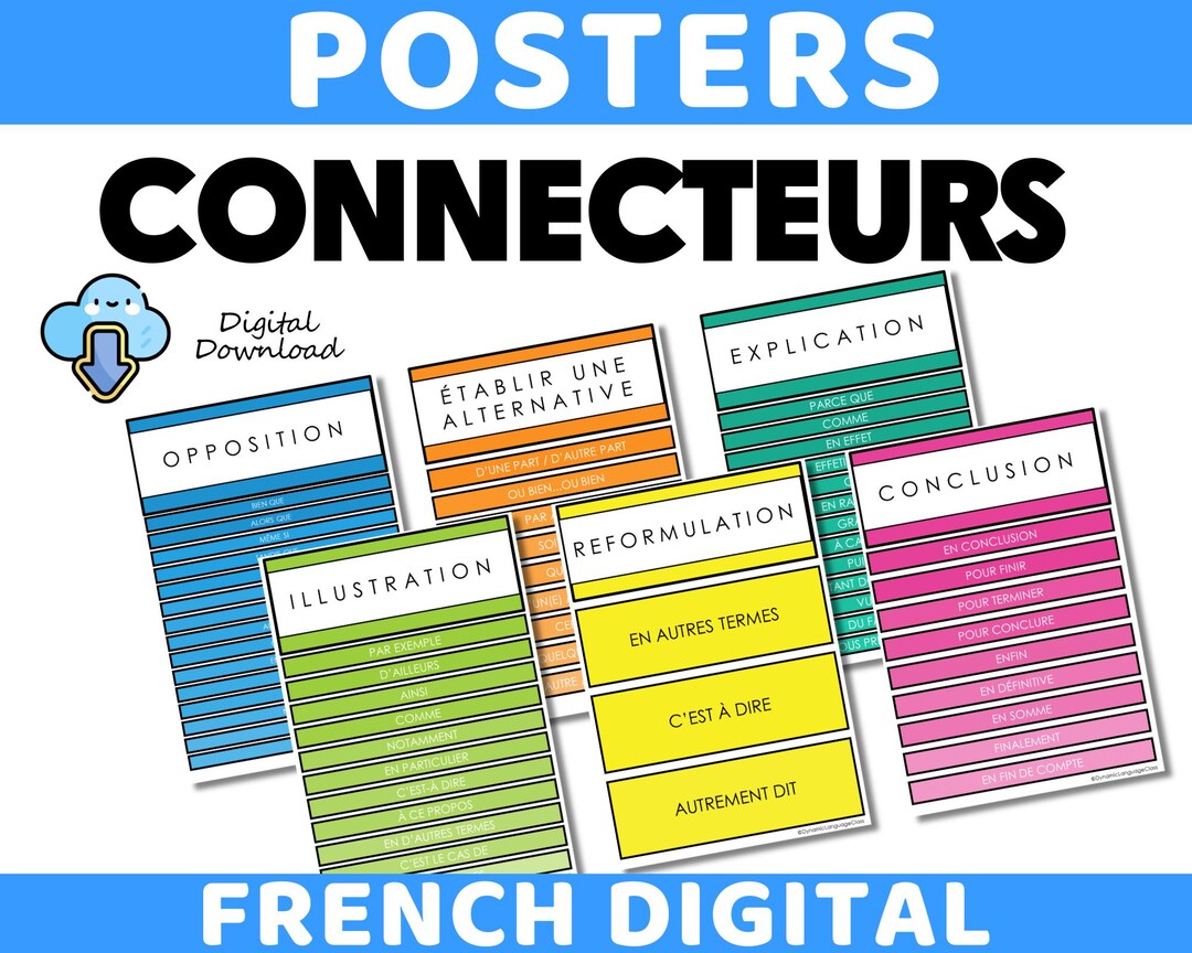 French Connectives Posters for French Language Class - Bright and ...
