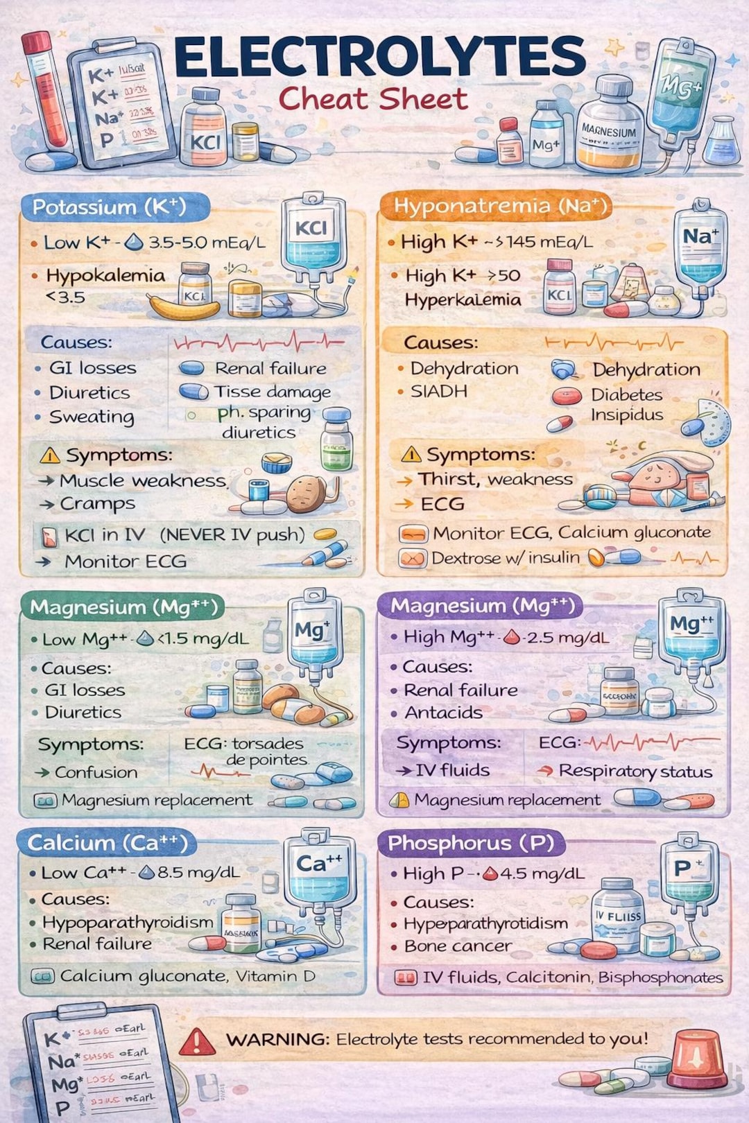 Electrolytes Cheat Sheet | Nursing Study Guide, NCLEX Review (printable ...