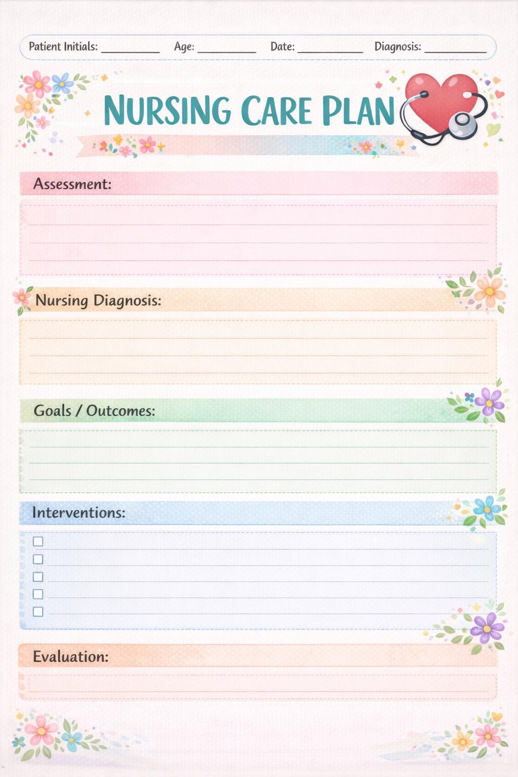 Nursing Care Plan Template Printable | Nursing Student Worksheet ...