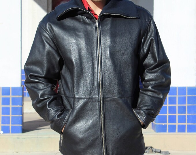 Perry Ellis Jacket, Vintage 90s Black Leather Jacket, Large Men, Black ...