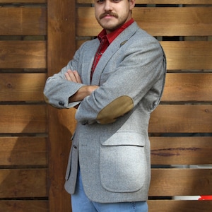 Vintage Tweed Jacket, 1970s Blazer, Gray Wool, Tan Suede Elbow Patches ...