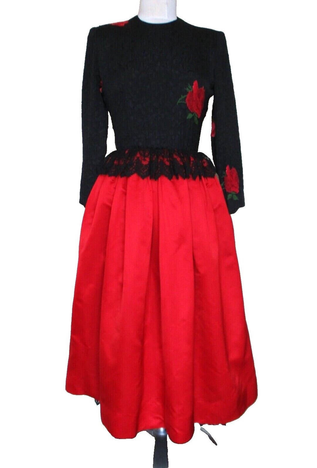 Vintage William Pearson Evening Dress: Black Lace, Red Satin Roses, XS ...