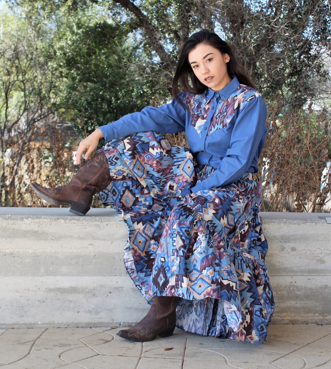 Tiered Skirt Western Shirt Outfit, Vintage 1990s Desert Diva Sherry ...