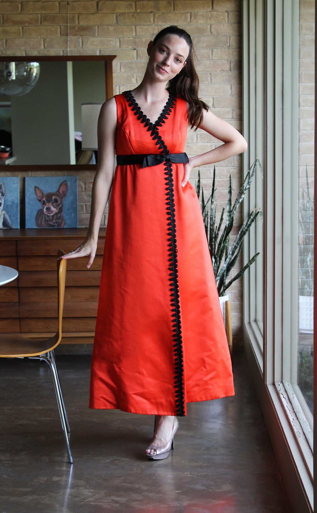 60s Red Satin Gown: Vintage Empire Waist Dress, Black Trim (xs/small ...