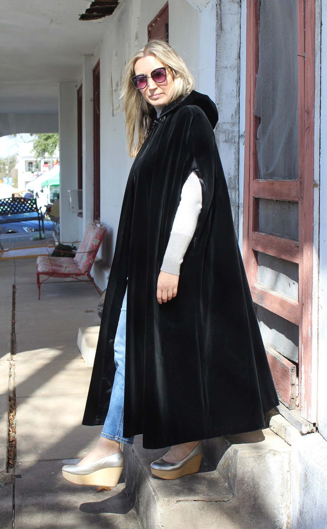 Vintage Velvet Cape, Black Velvet Cloak, Winter Wrap, Goth, Maxi Cape ...