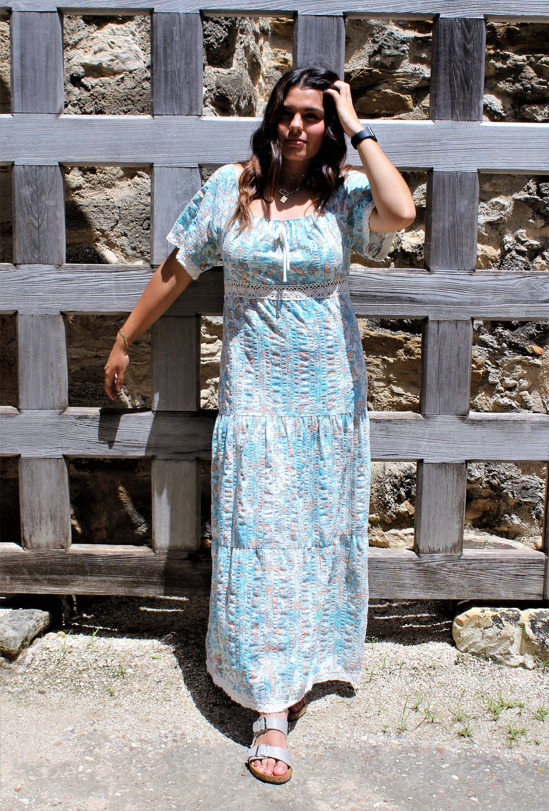 60s Maxi Dress, Gerry California, Medium Women, Blue White Peach Batik ...