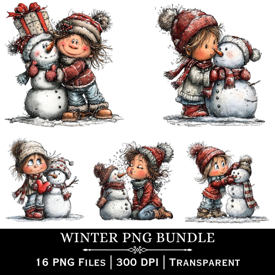 Watercolor Winter Girl Clipart | Snowman Christmas PNG Bundle | Holiday ...