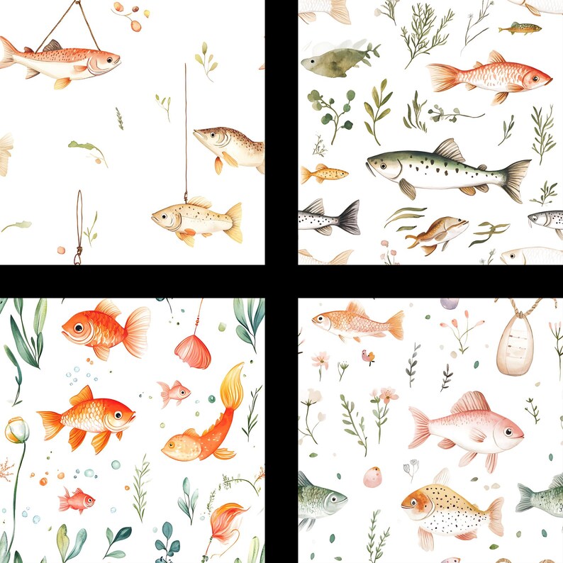 Vintage Fish Pattern Bundle | Watercolor Fishing Digital Paper ...
