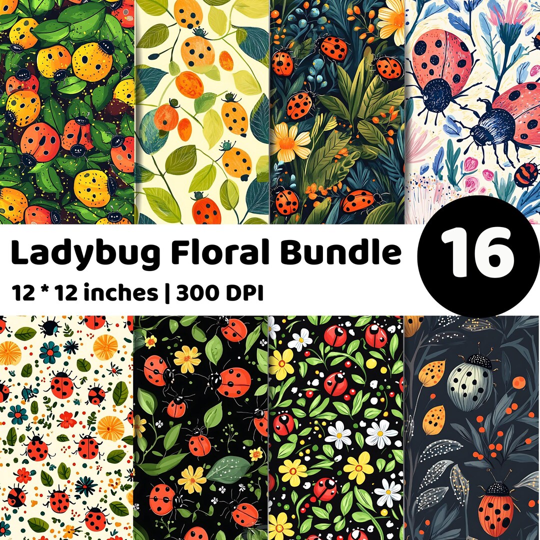 Ladybug Digital Paper | Floral Garden Seamless Patterns | Botanical ...