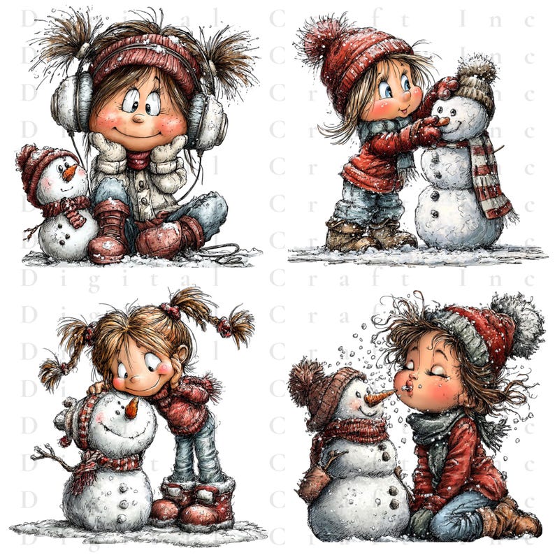 Watercolor Winter Girl Clipart | Snowman Christmas PNG Bundle | Holiday ...
