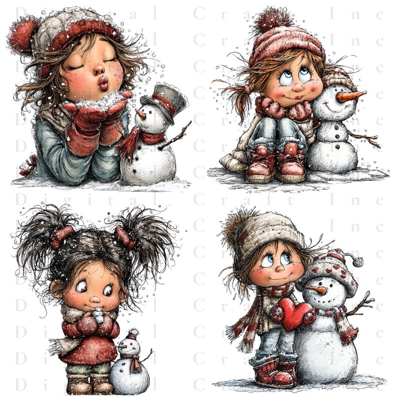 Watercolor Winter Girl Clipart | Snowman Christmas PNG Bundle | Holiday ...
