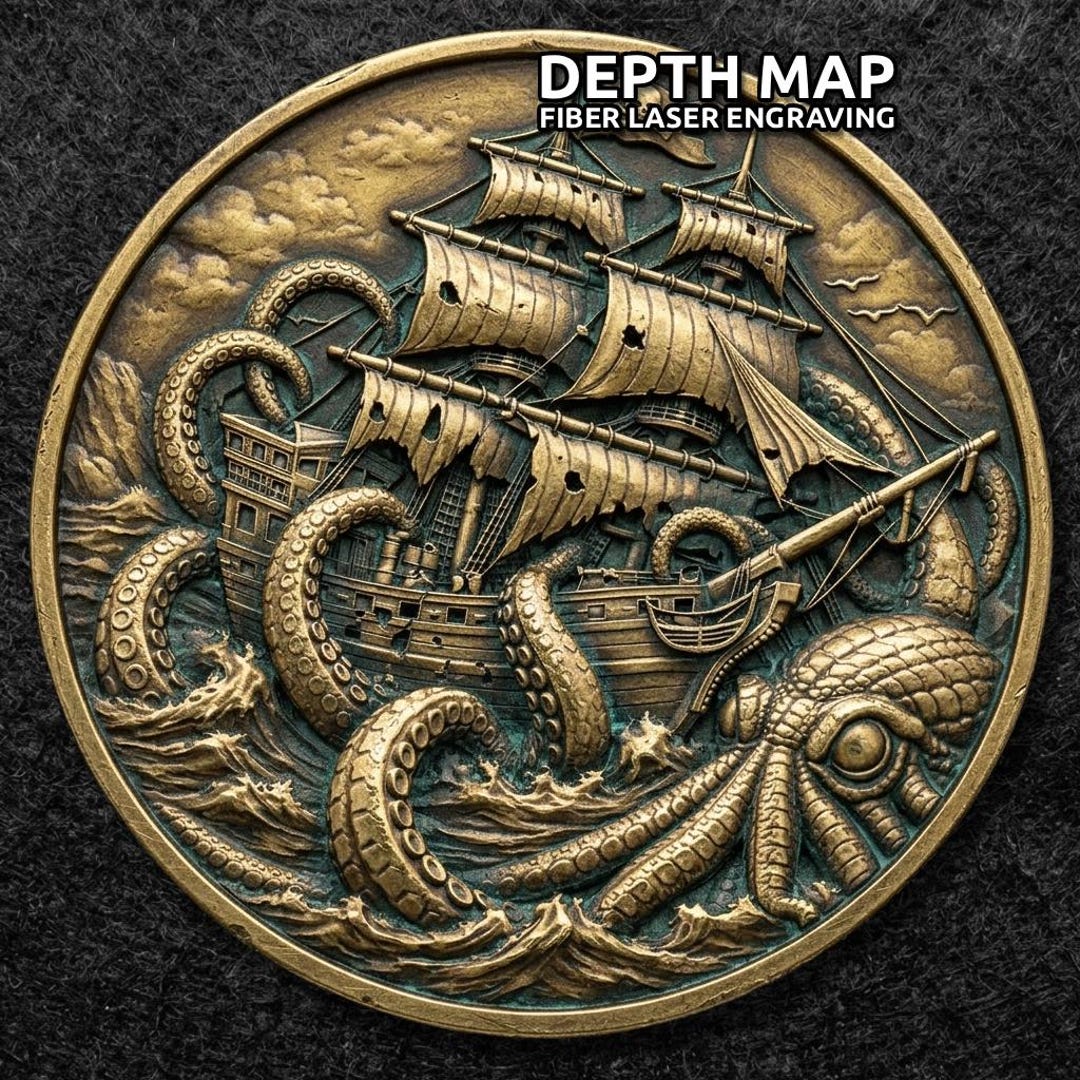 Kraken Pirate Ship Coin 16 Bit Depth Map | 3D Laser Engraving File ...