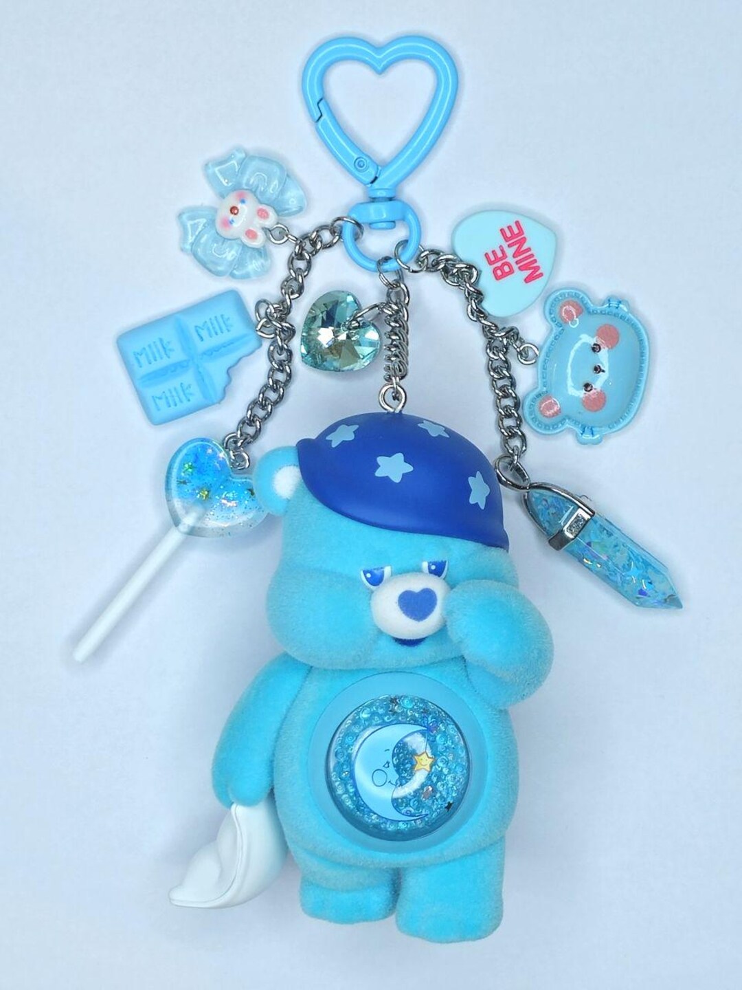 Handmade Blue Sleepy Bear Bag Charm– Kawaii Keychain Heart Clip ...