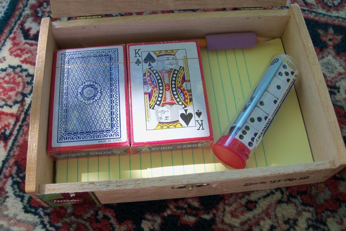 Wooden Game Chest Vintage Art Cards Yahtzee Dice Pad Power Outage ...