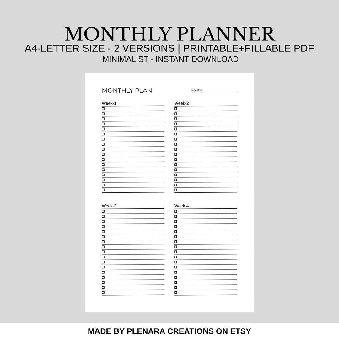 Minimalist Monthly Planner | Printable , Fillable PDF | A4-letter Size ...