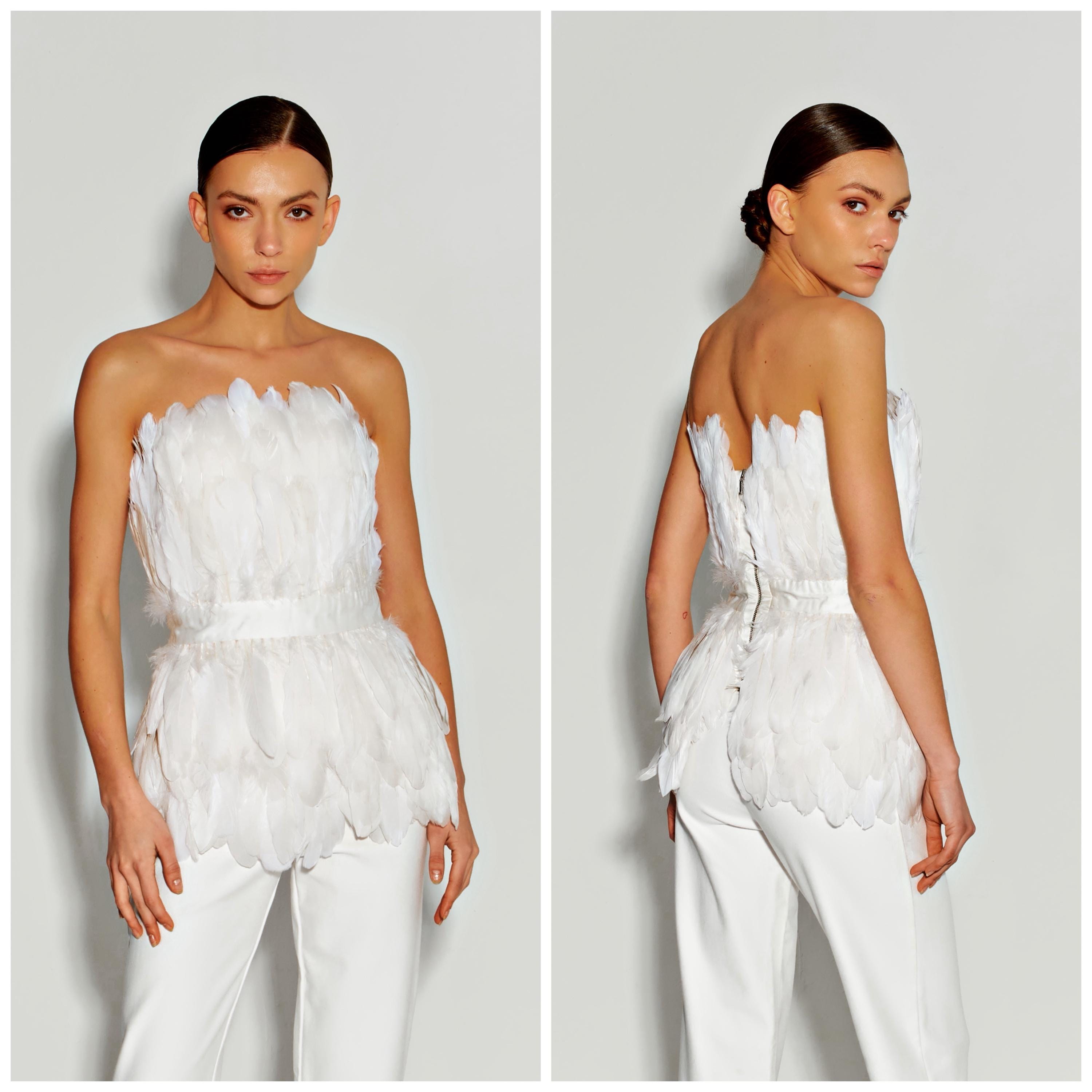 Semenenko White Feather Corset Luxury Designer Bustier Top Elegant ...