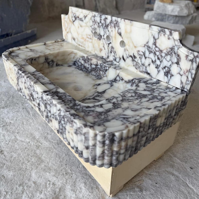Calacatta Viola Marble Sink, Hand-carved Fluted Basin, Luxury Vanity ...