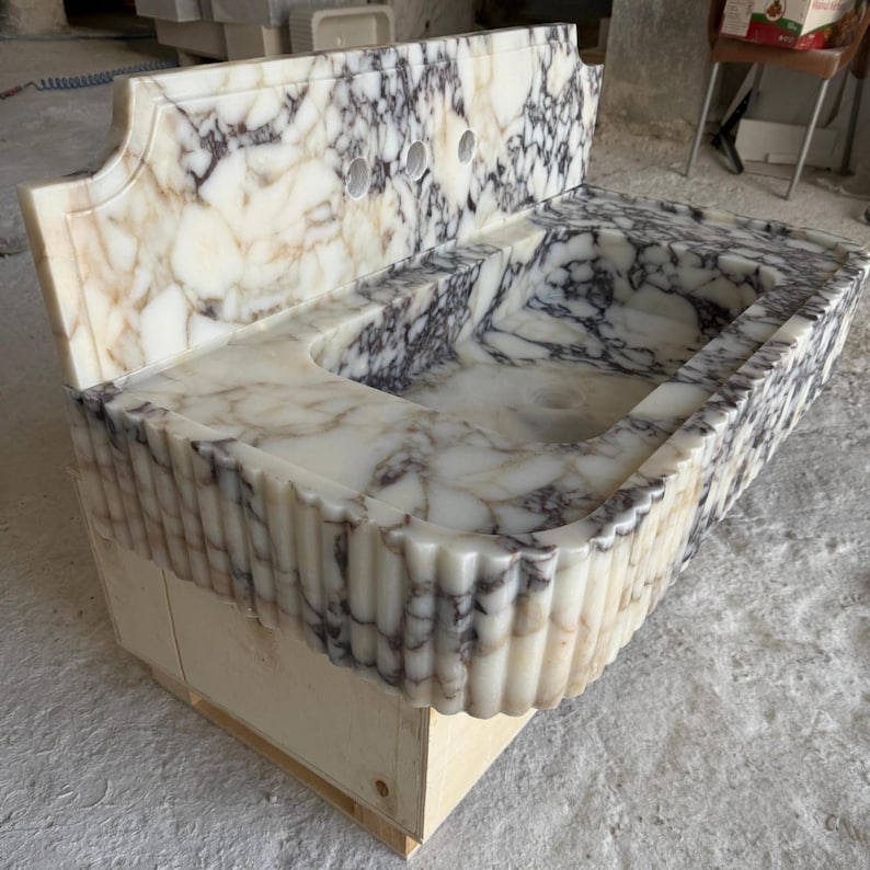 Calacatta Viola Marble Sink, Hand-carved Fluted Basin, Luxury Vanity ...