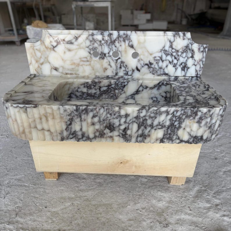 Calacatta Viola Marble Sink, Hand-carved Fluted Basin, Luxury Vanity ...