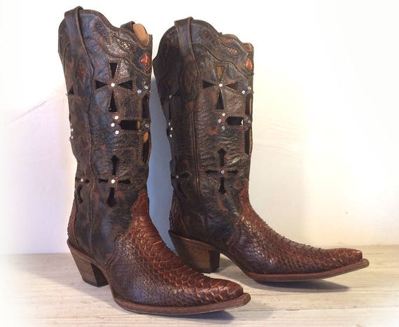 CORRAL Musgo Python Snakeskin Brown Leather Cross Womens Cowboy Boots 6 ...