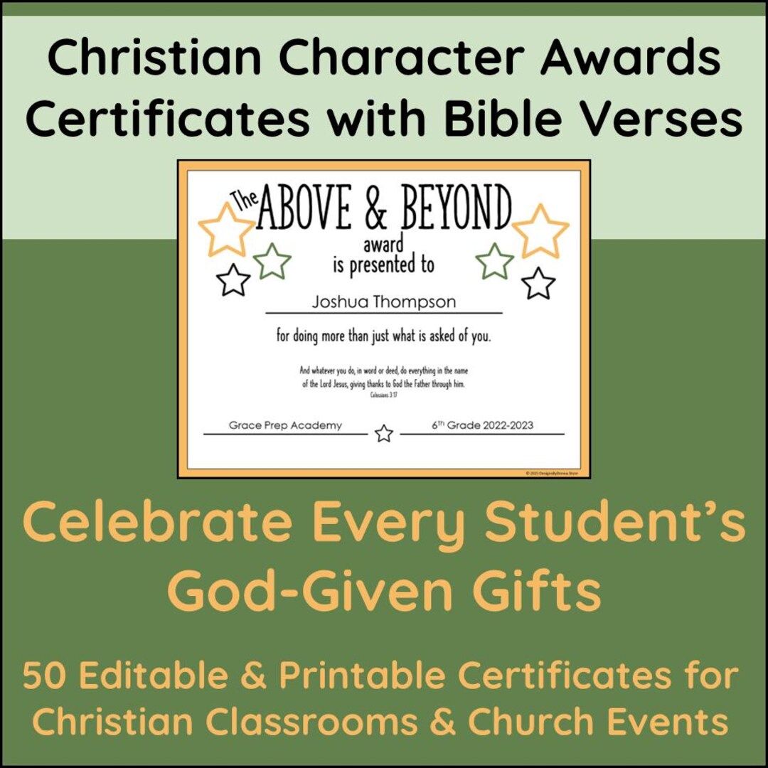 Christian Character Awards Certificates | 50 Editable Bible Verse ...
