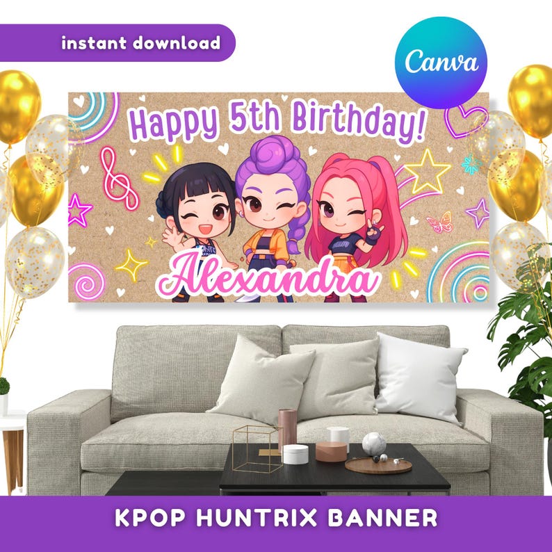 Editable Kpop Demon Hunters Birthday Banner, Kpop Huntrix Hand Painted ...