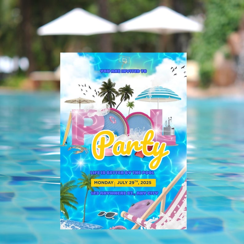 Pool Party Invitation, Summer Birthday Invite, Kids Adult Template ...