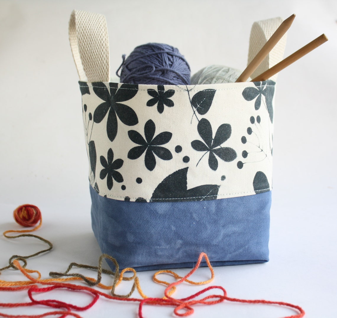 Fabric Bucket With Handles Cotton Fabric Basket 5.5x7 Blue and Natural ...