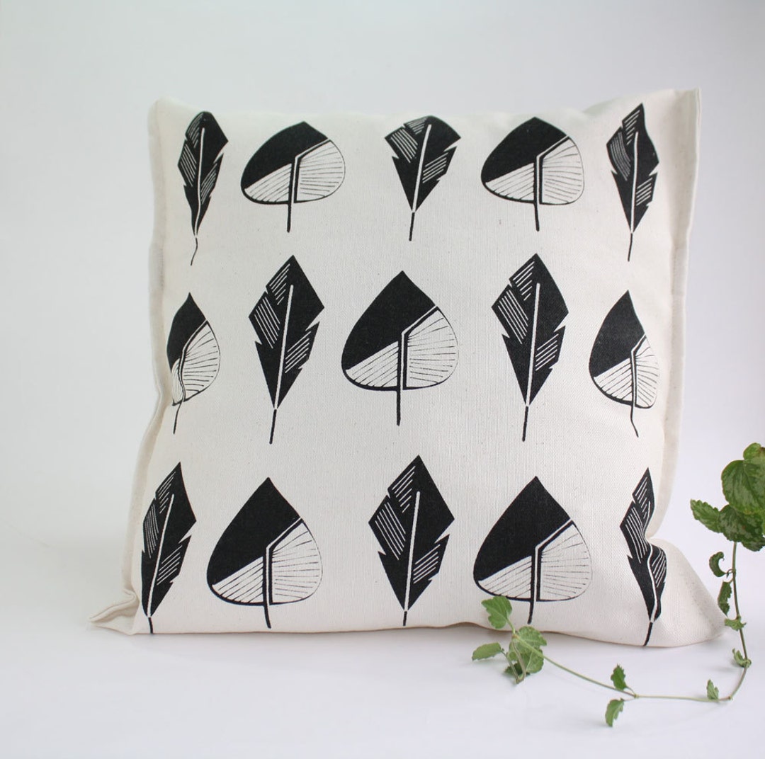Modern Cushion Cover in Ecru Color Cotton With Black Leaf Print ...