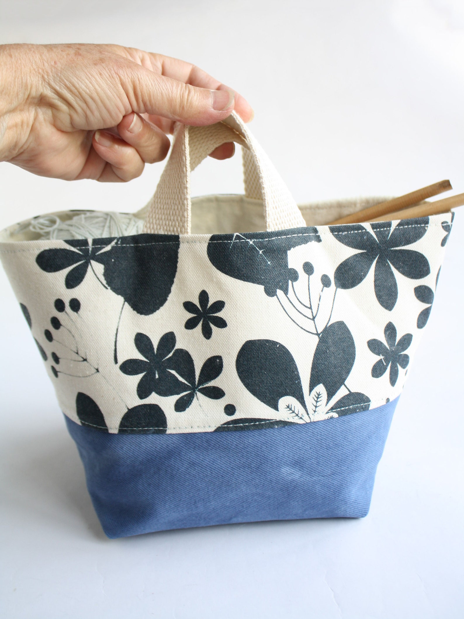 Fabric Bucket With Handles Cotton Fabric Basket 5.5x7 Blue and Natural ...