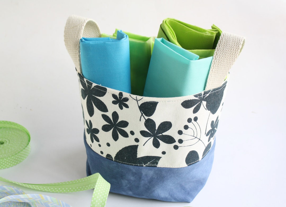 Fabric Bucket With Handles Cotton Fabric Basket 5.5x7 Blue and Natural ...