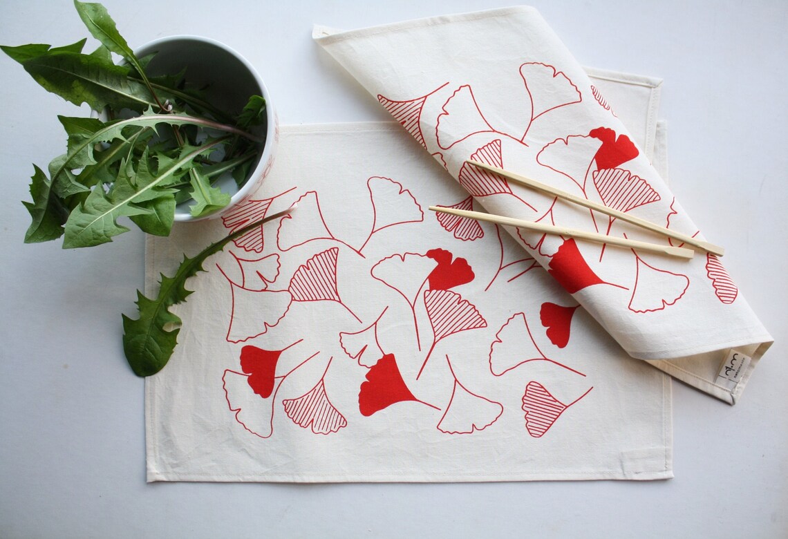 Ginkgo Leaves Placemats Set of 6 Ecru Cotton Fabric | Etsy