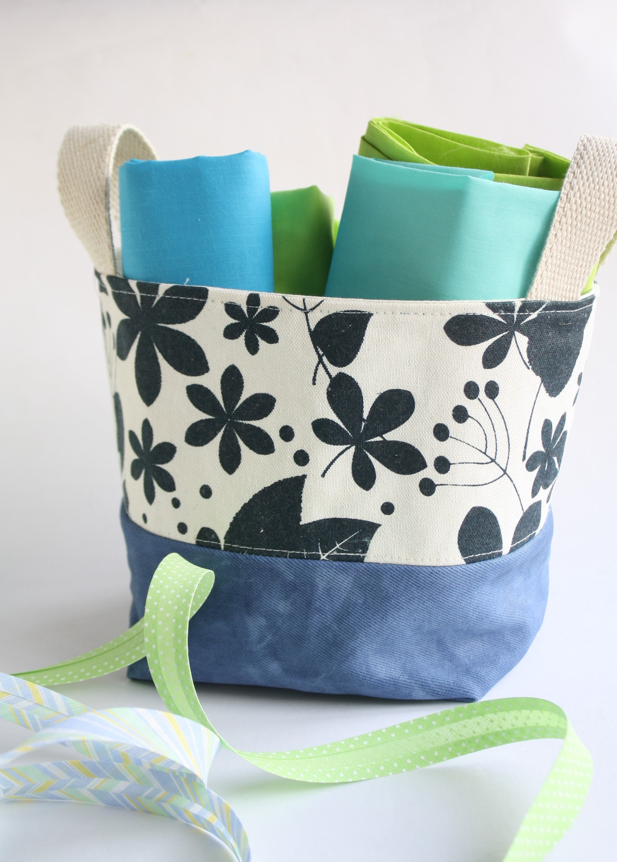 Fabric Bucket With Handles Cotton Fabric Basket 5.5x7 Blue and Natural ...