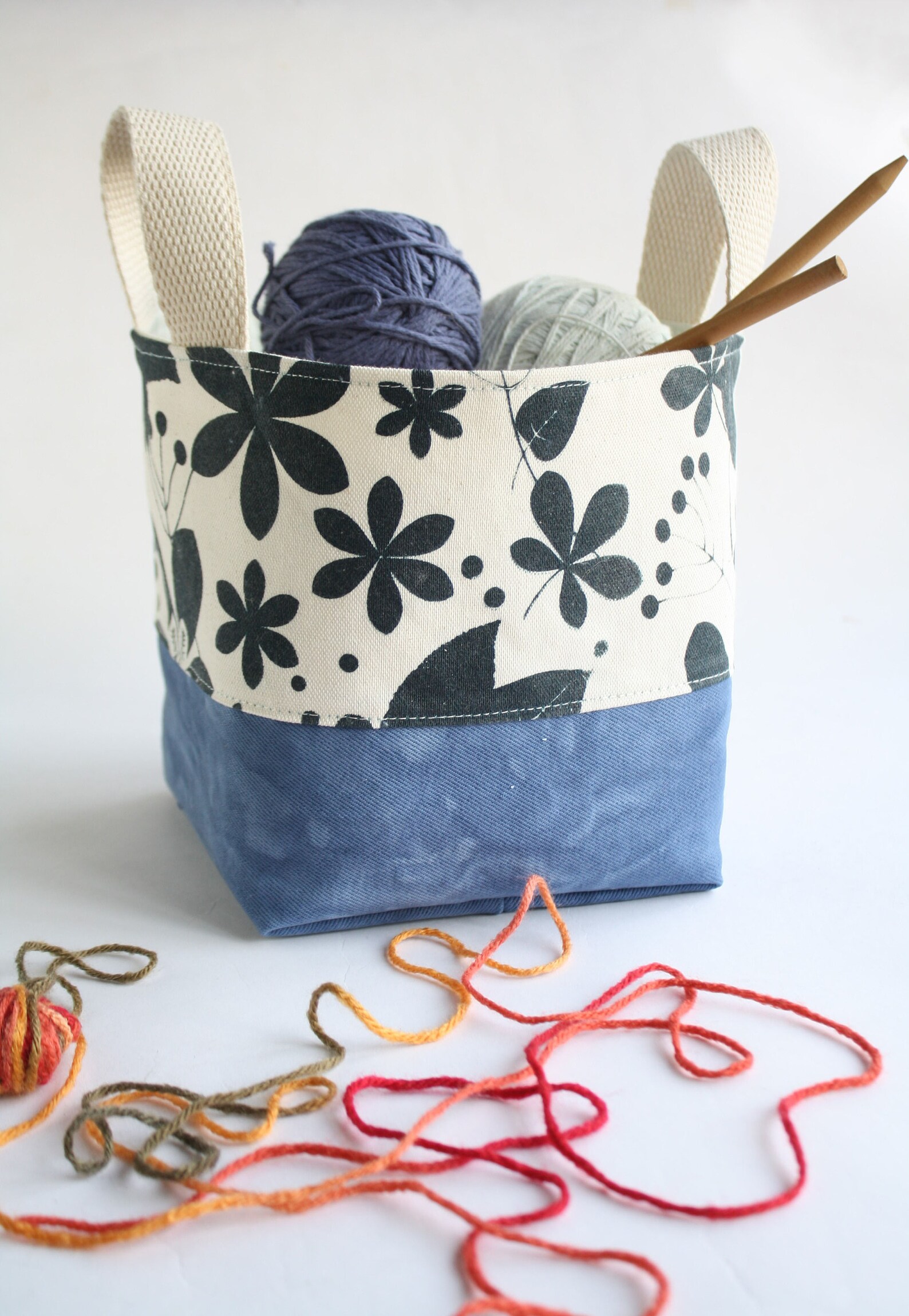 Fabric Bucket With Handles Cotton Fabric Basket 5.5x7 Blue and Natural ...