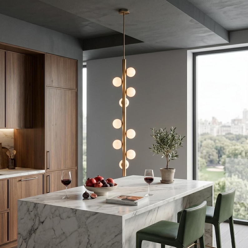 Luxury Brass Globe Chandelier | 76" Vertical Pendant Light, Opal Glass ...