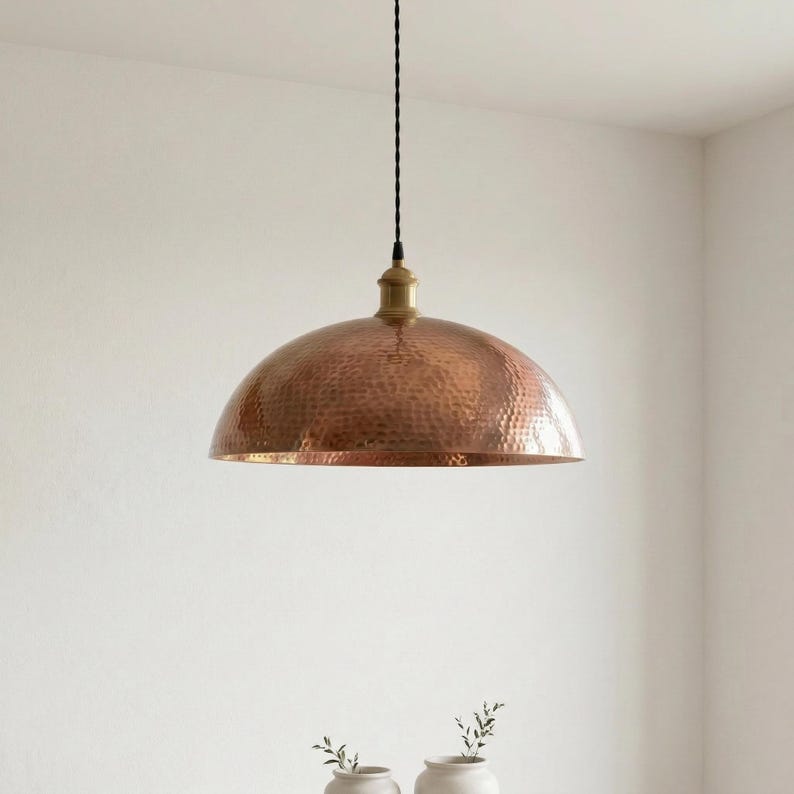 Hammered Copper Dome Pendant Light, Rustic Hanging Lamp, Kitchen Island ...