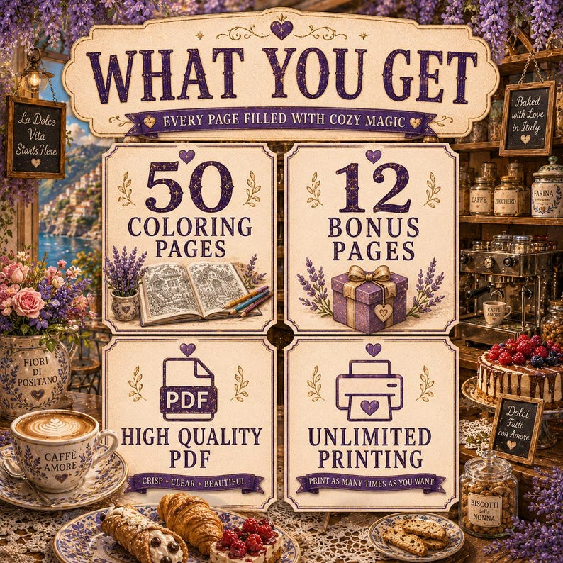 Nonna Rina's Italian Bakery Coloring Book for Adults | 50 Pages + 12 ...