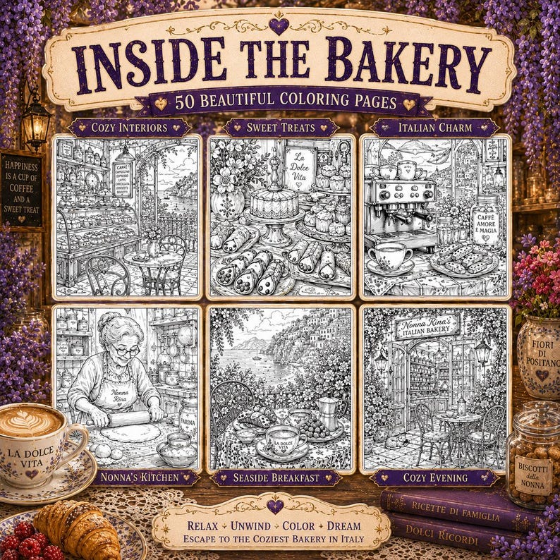 Nonna Rina's Italian Bakery Coloring Book for Adults | 50 Pages + 12 ...