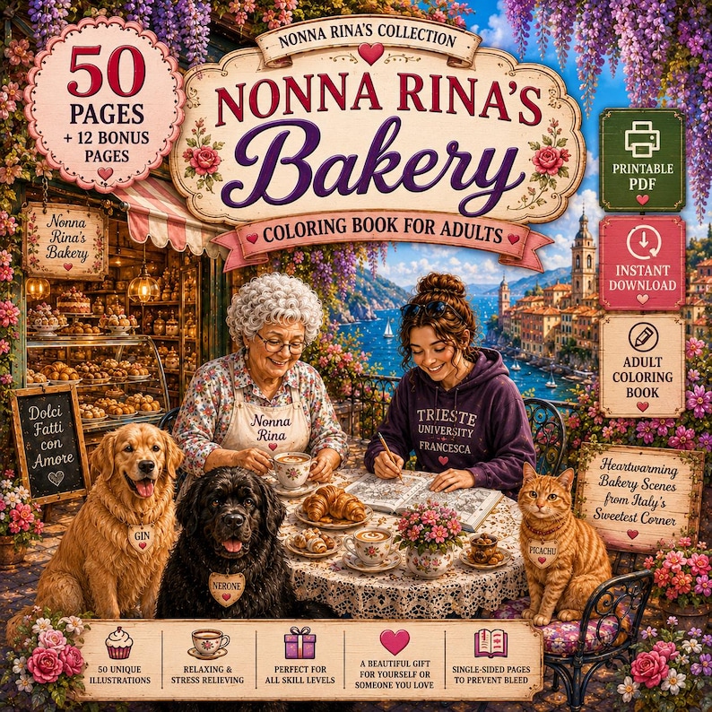 Nonna Rina's Italian Bakery Coloring Book for Adults | 50 Pages + 12 ...