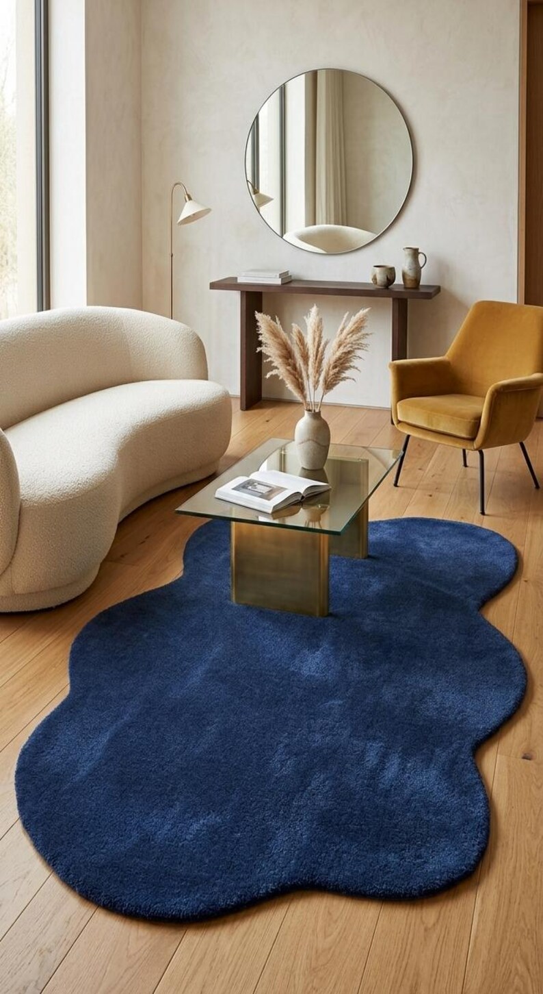 Navy Blue Organic Shape Area Rug, Modern Abstract Carpet, Minimalist ...
