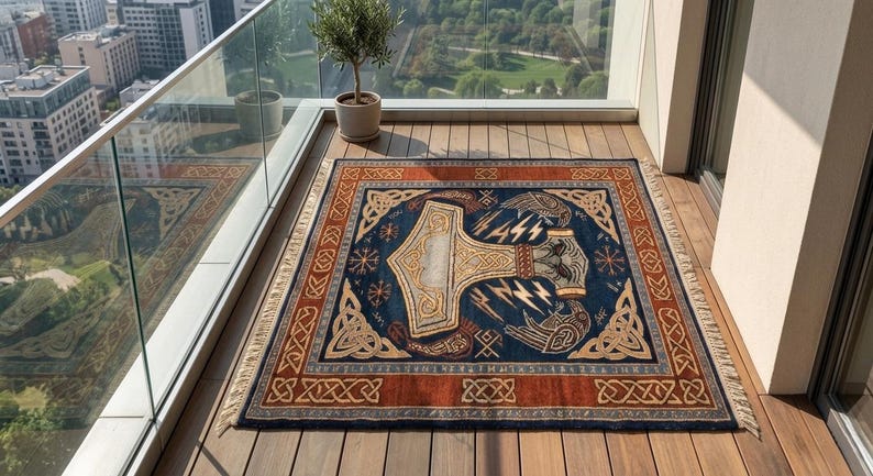Handmade Viking Thor Hammer Rug, Nordic Mythology Mjolnir Carpet ...