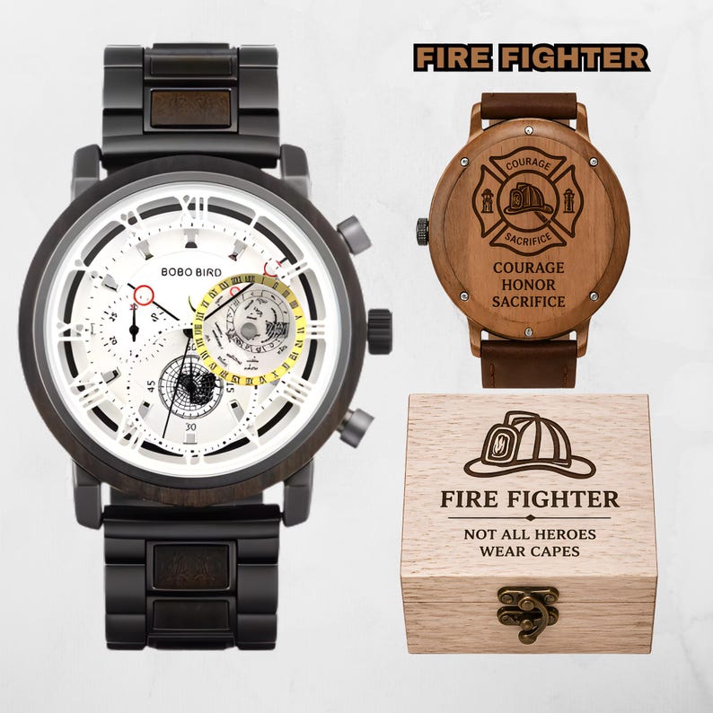 Personalized Firefighter Gift | Engraved Wooden Watch | Fire Academy ...