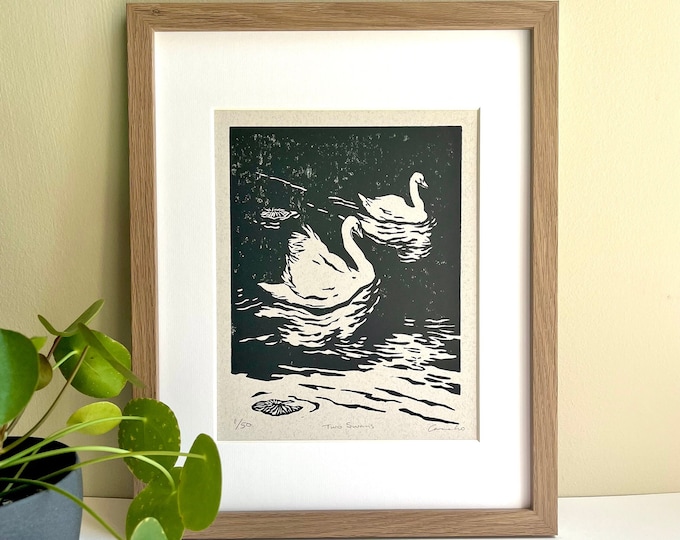 Two Swans, Original Artwork, Linocut Print, Wall Art 8x10" - Etsy