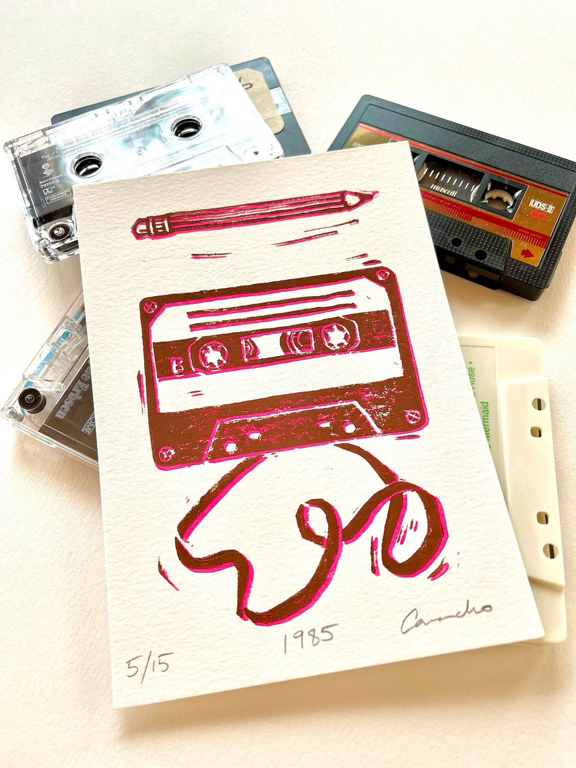 1985 - Cassette Tape Original Block Print, 80's Wall Art - Etsy
