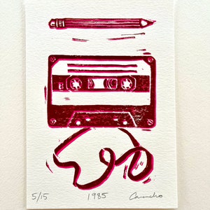 1985 - Cassette Tape Original Block Print, 80's Wall Art - Etsy