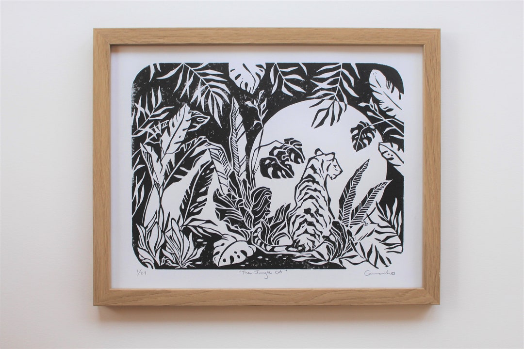 The Jungle Cat, Tiger, Original Linocut Print, Wall Art 11x14" - Etsy