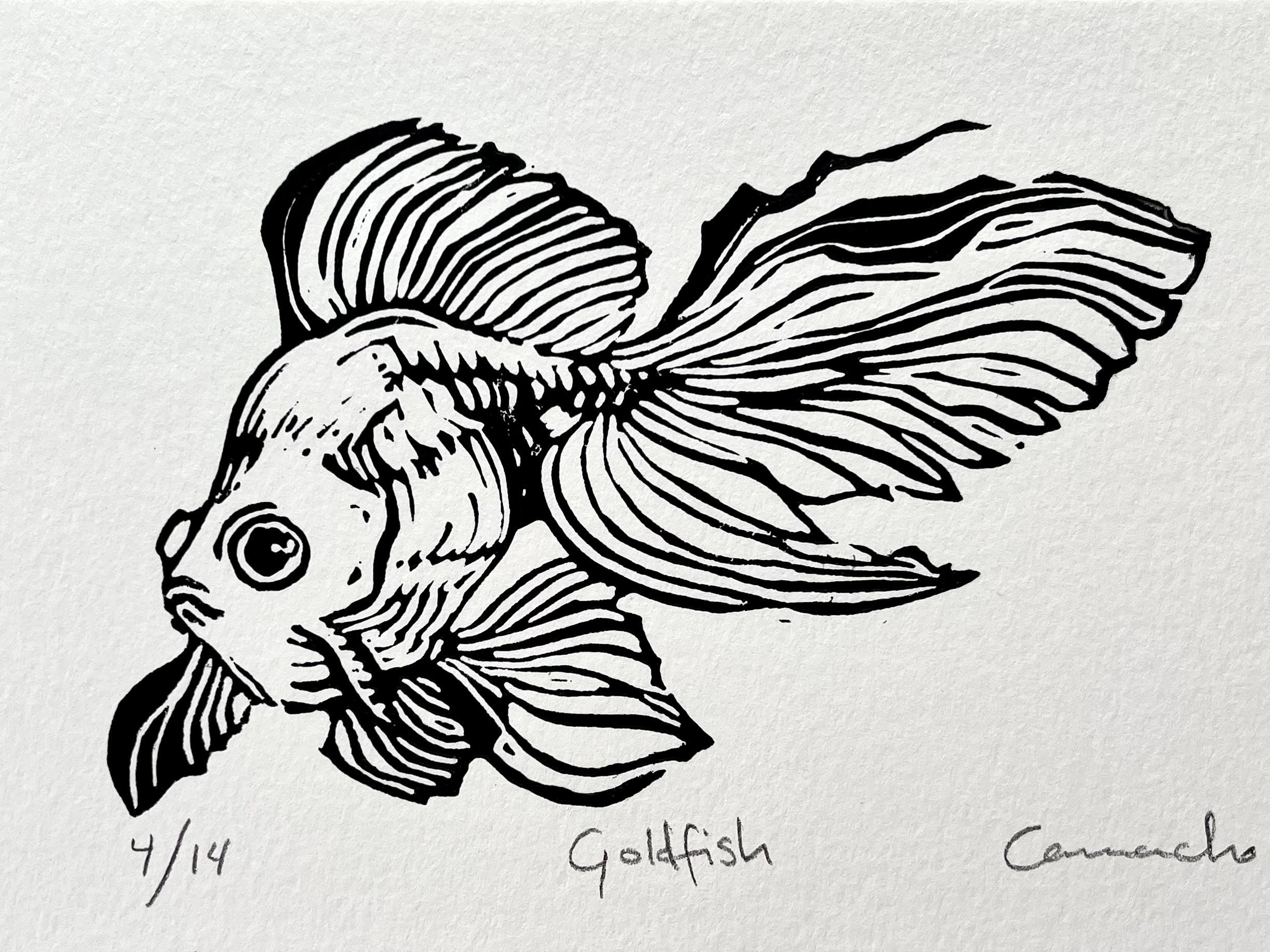 Goldfish Original Block Print, Fish Illustration, Home Decor Goldfish ...